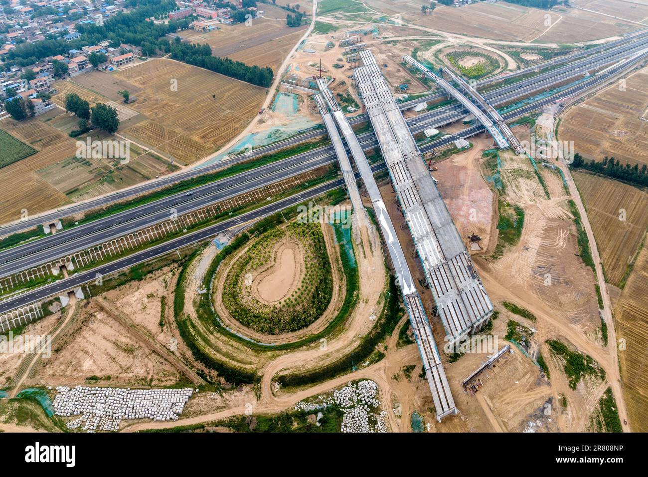 Aerial photo shows the construction of a high-speed interchange in ...