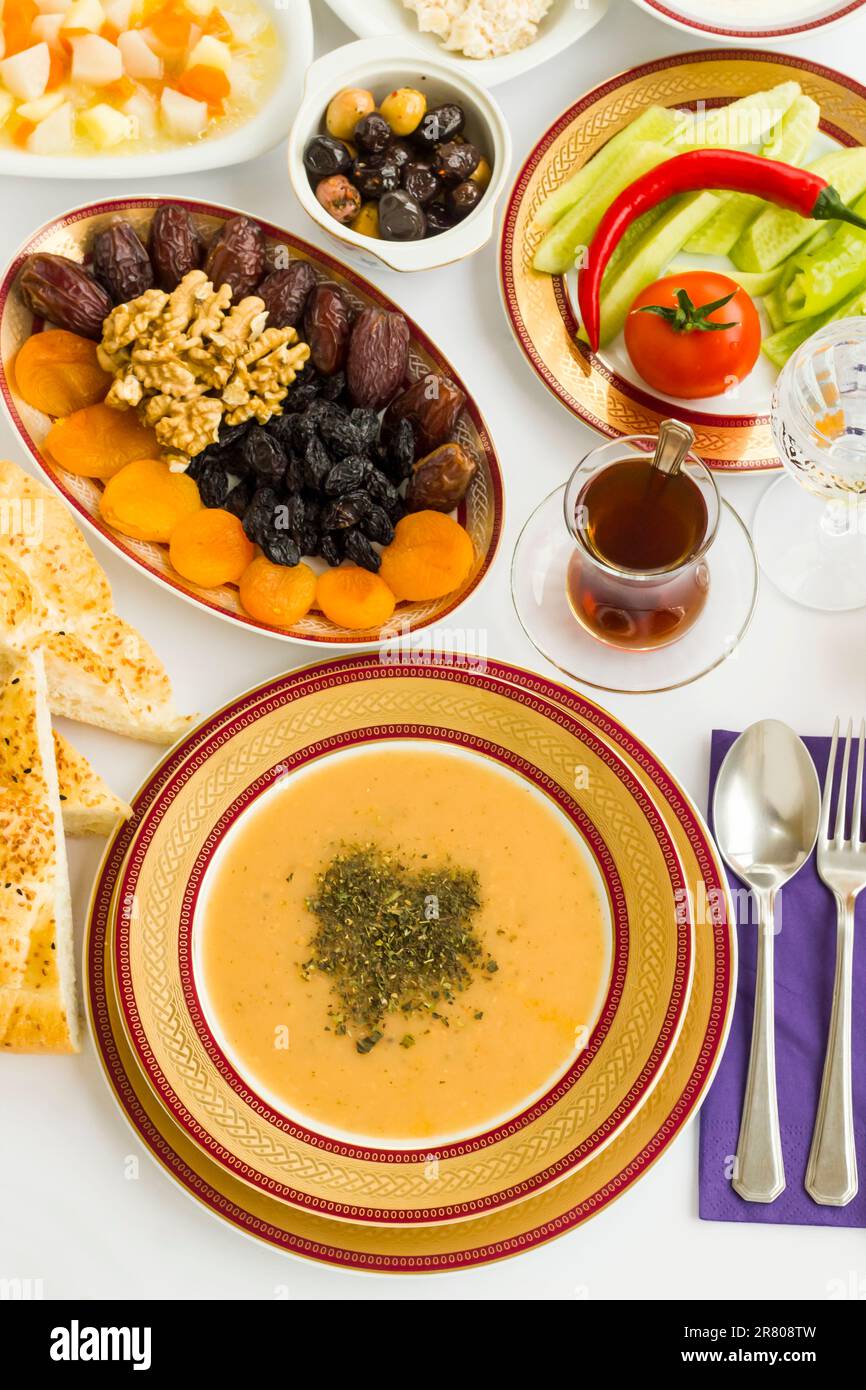 Traditional Turkish Ramadan Dinner,iftar Table With Soup,fruits and ...