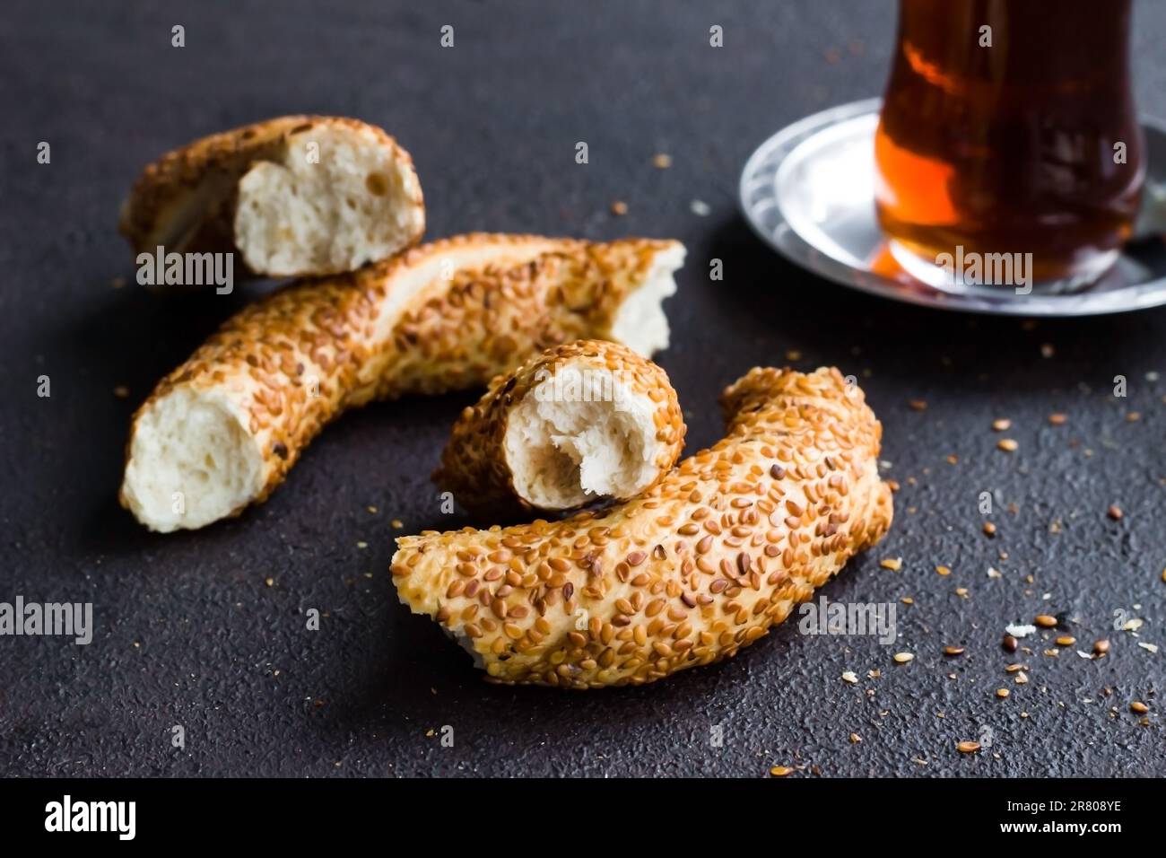 Traditional Turkish crispy,sesame bagels and a glass of tea on the ...