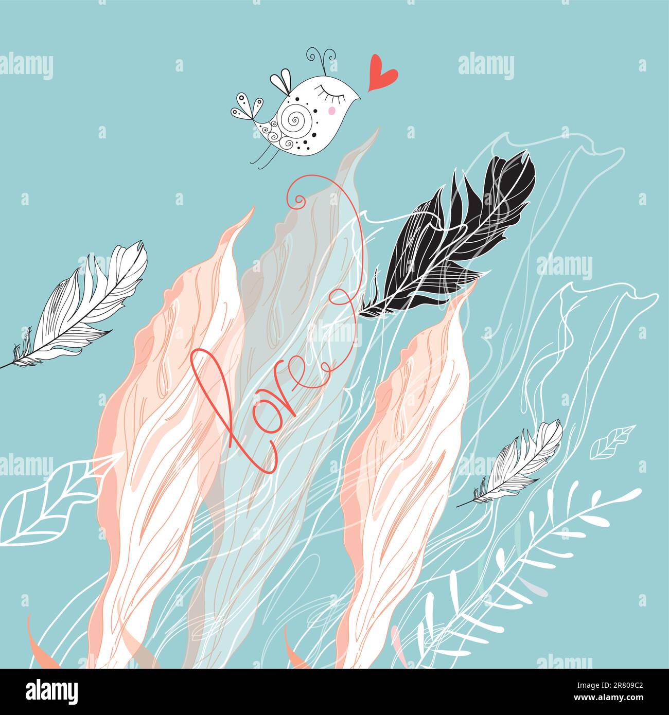 graphics card with flying feathers and tissues love bird on a blue ...