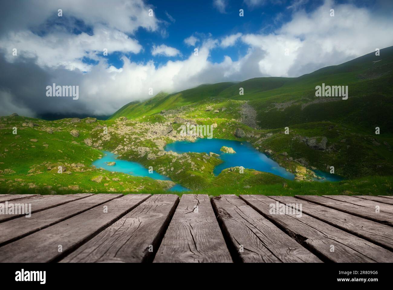 Beautiful lakes with empty wooden table. Natural template landscape ...