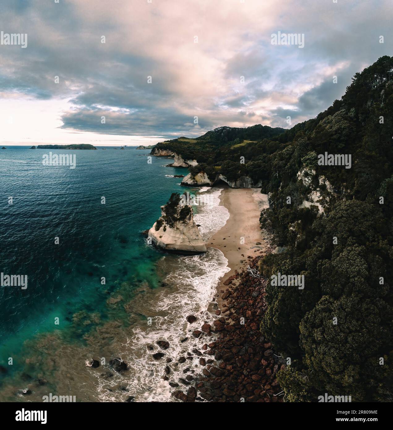 Aerial of Te Whanganui-A-Hei Cathedral Cove Marine Reserve in ...