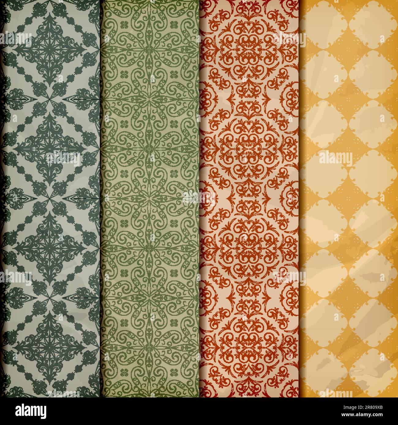 vector seamless floral borders on crumpled golden foil paper texture ...