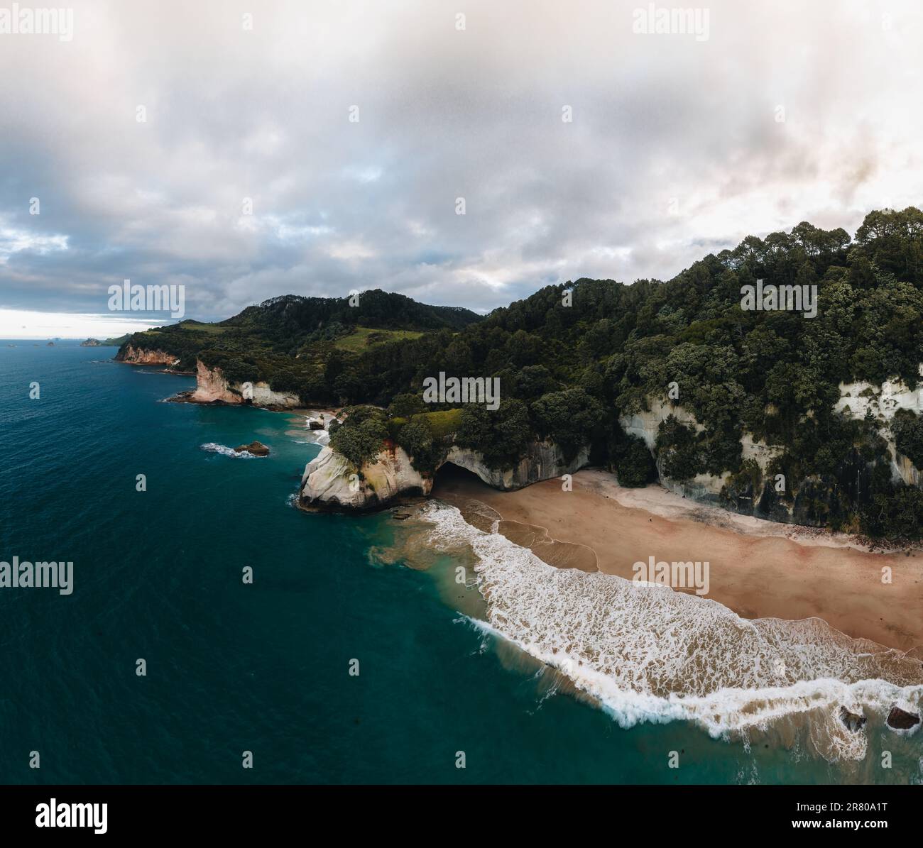 Aerial of Te Whanganui-A-Hei Cathedral Cove Marine Reserve in ...