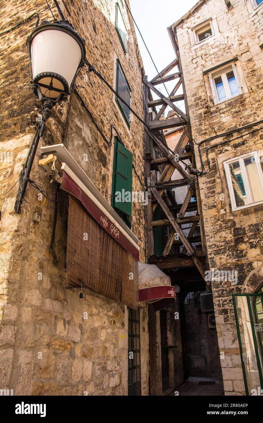 Split, Croatia - May 12th 2023. Historic buildings with wooden cross ...
