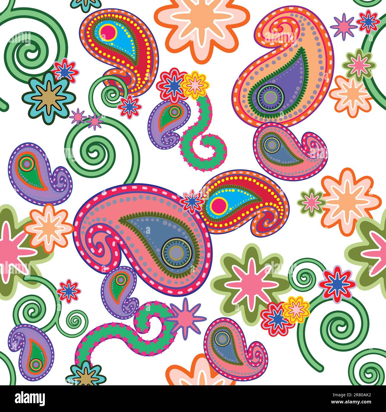 Bright colors and organic shapes in this seamless pattern of paisleys ...