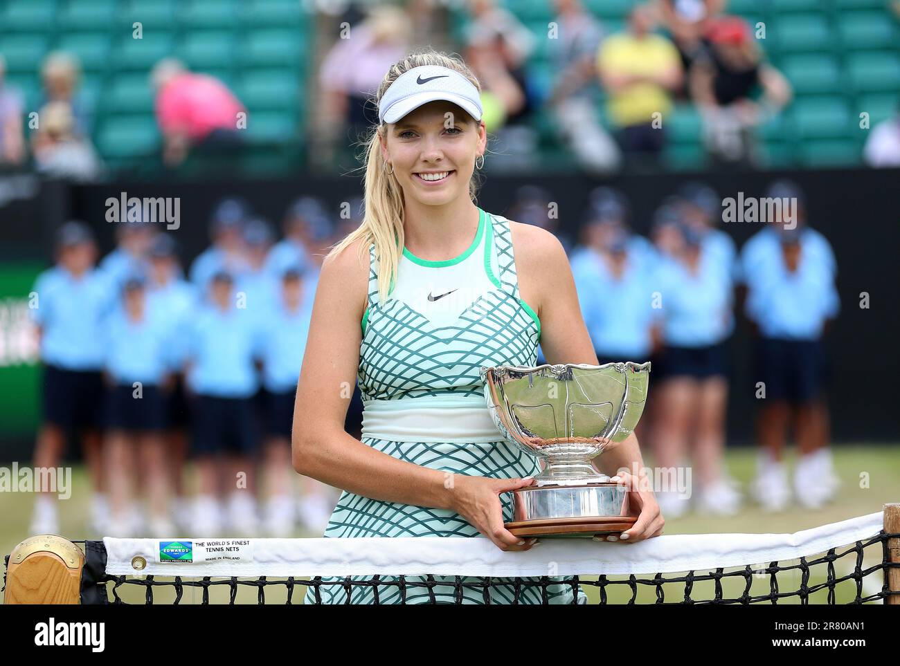 Katie Boulter poses with the trophy after victory in the Women's ...