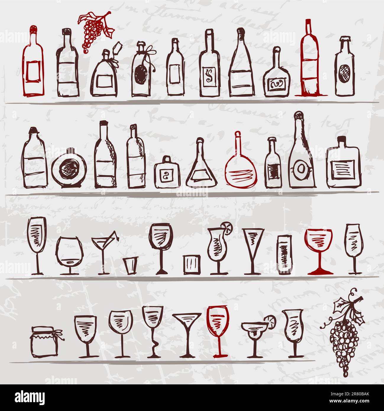 Set of alcohol's bottles and wineglasses on grunge background Stock ...