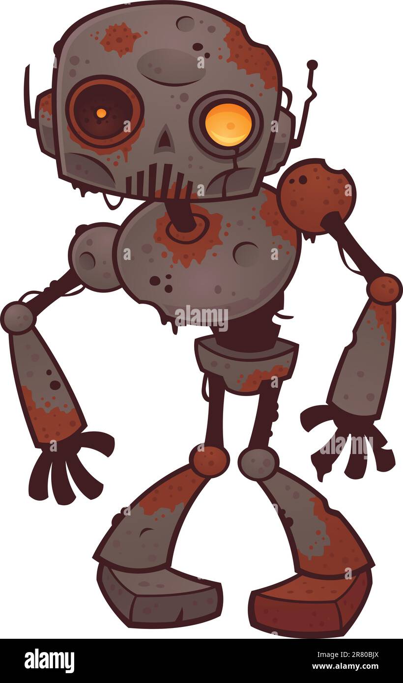 Vector cartoon illustration of a rusty zombie robot with orange eyes ...