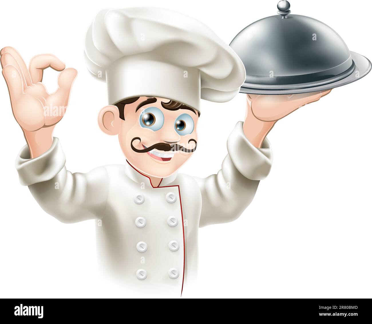 Illustration of a gourmet chef holding silver platter and giving an ...