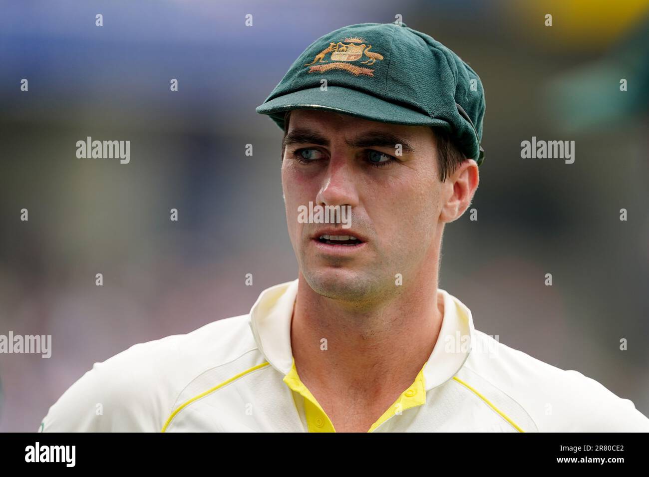 Australia’s Pat Cummins looks on ahead of the resumption of play during ...