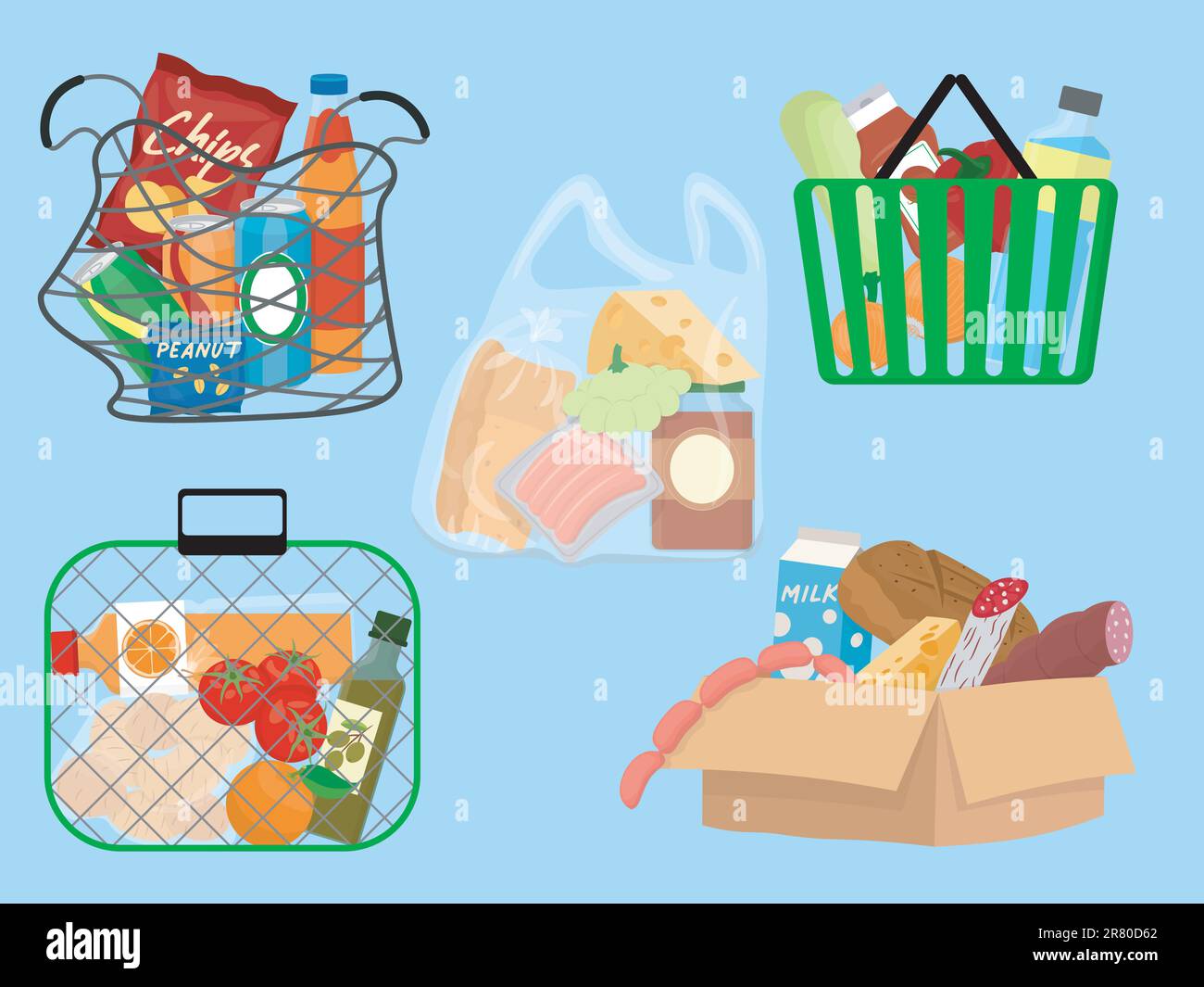 set of five color images of various store bags, baskets and packeges ...