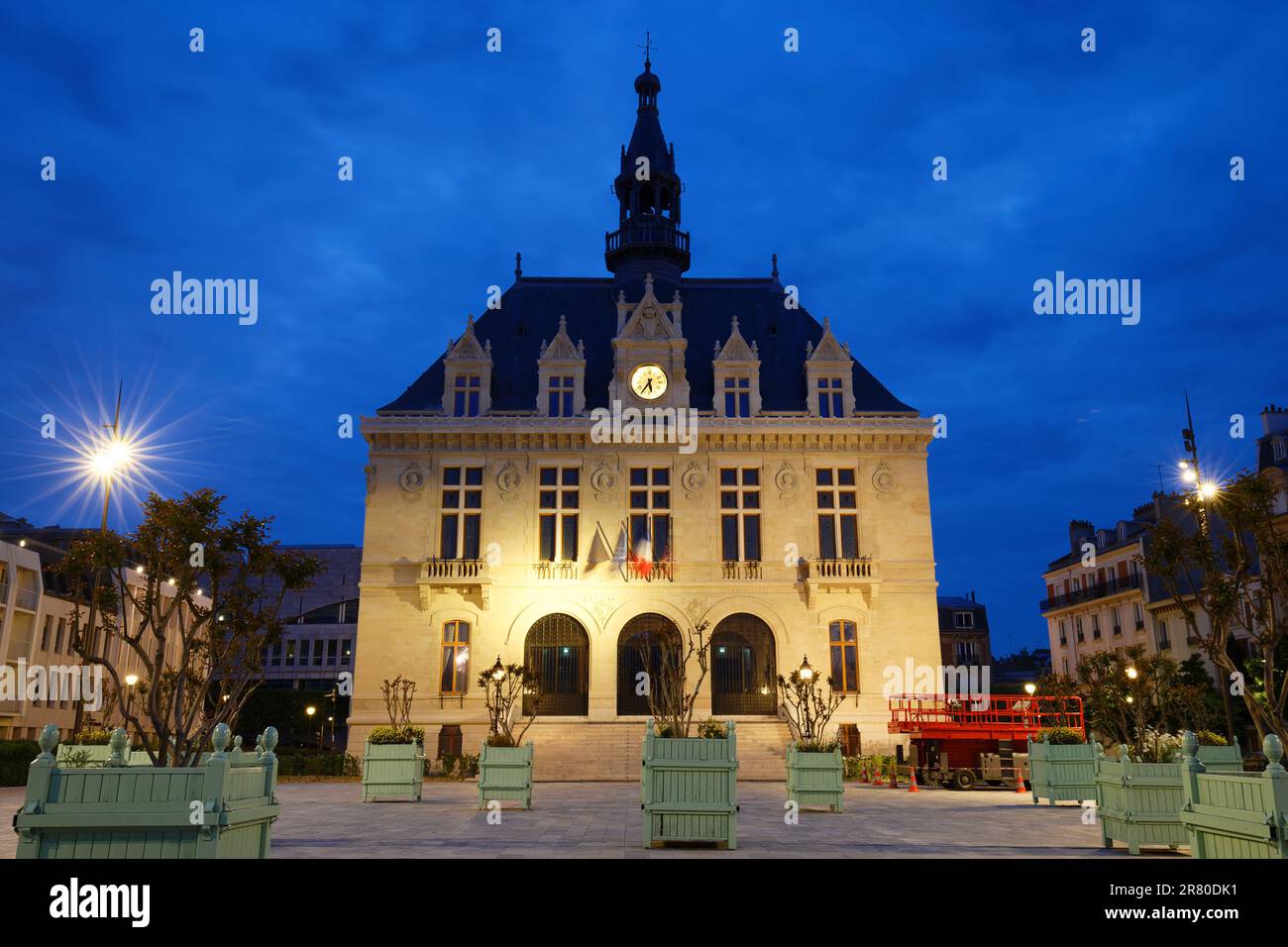 The town hall of Vincennes city at dawn. It is listed as historical ...