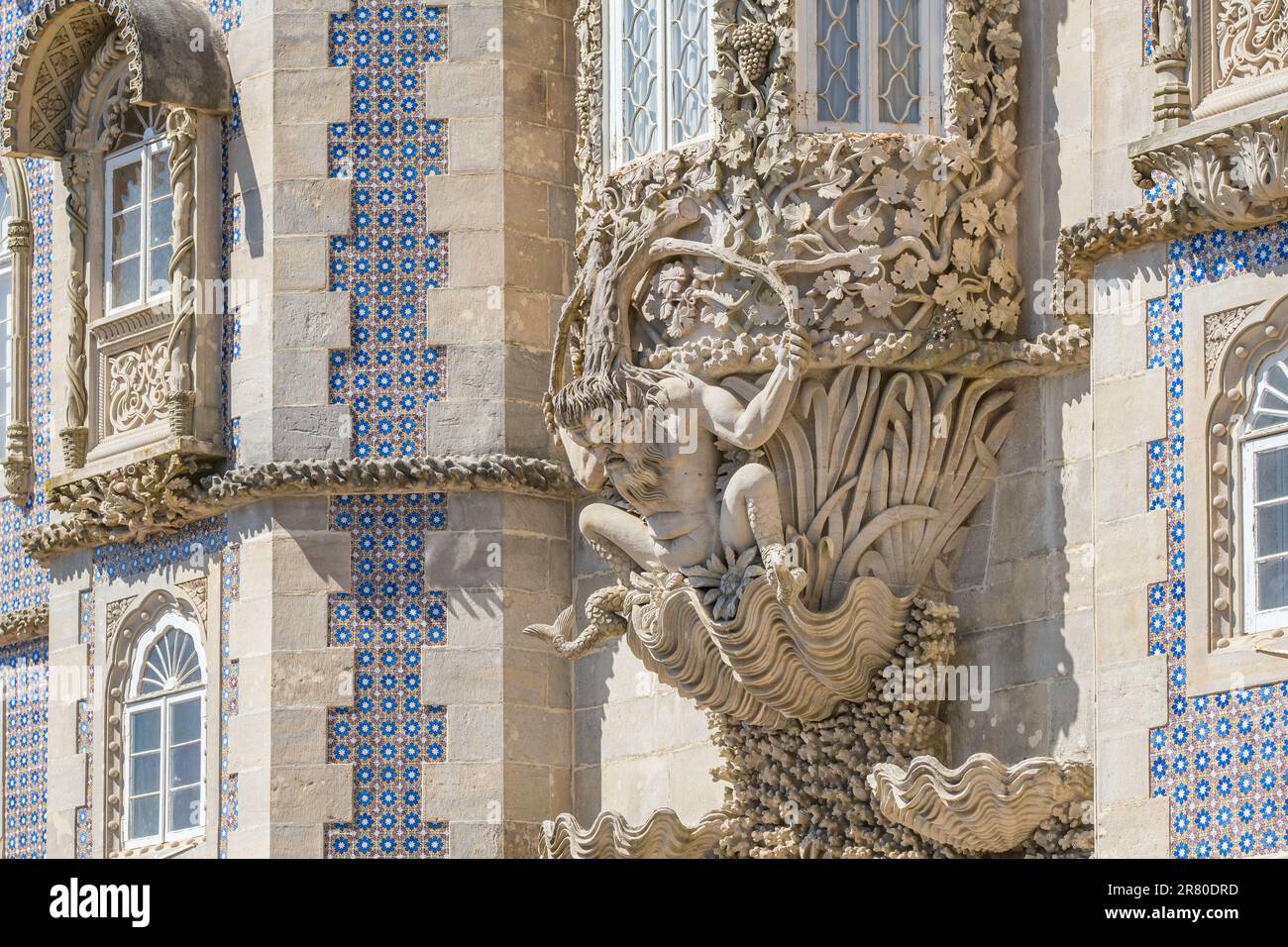 Demon supports the balcony at the entrance to Pena castle, Sintra ...