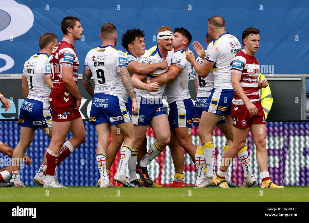 Warrington Wolves’ Joe Bullock celebrates with his team mates after ...