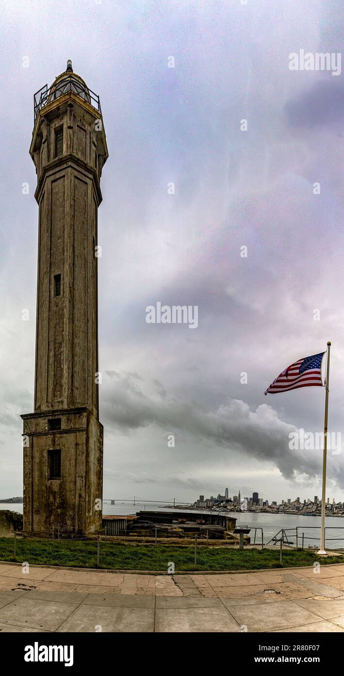 Lighthouse and American flag of the maximum security federal prison of ...