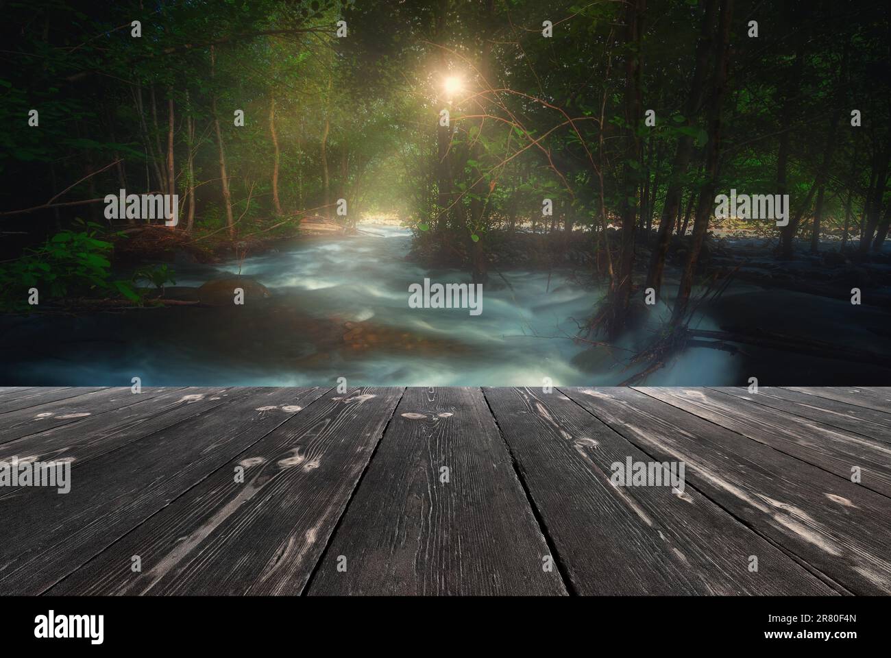 River Water Flow Between Forest Trees with empty wooden batten bridge ...