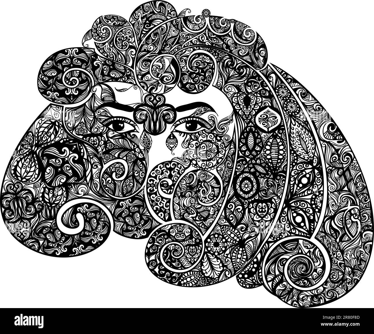 Black and white illustration of a very detailed decorated face of a ...
