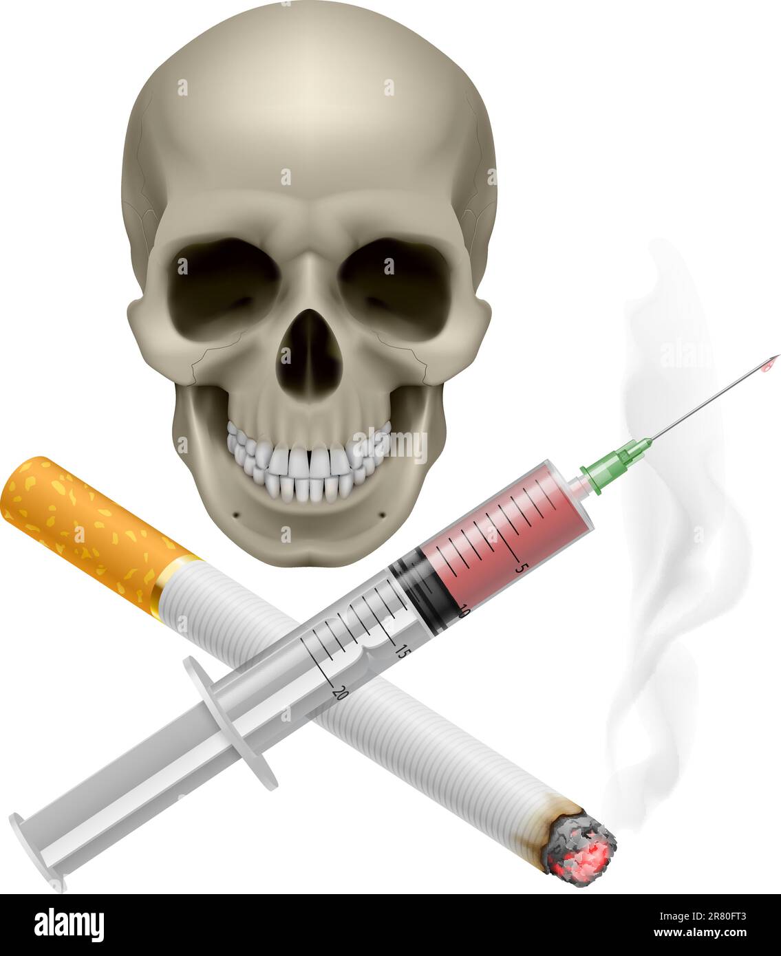 Realistic skull with a cigarette and syringe. Illustration on white ...