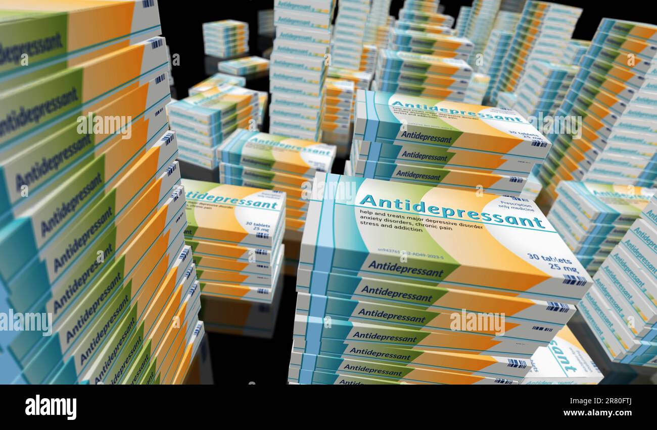 Antidepressant tablets box production line. Psychotropic drug for ...