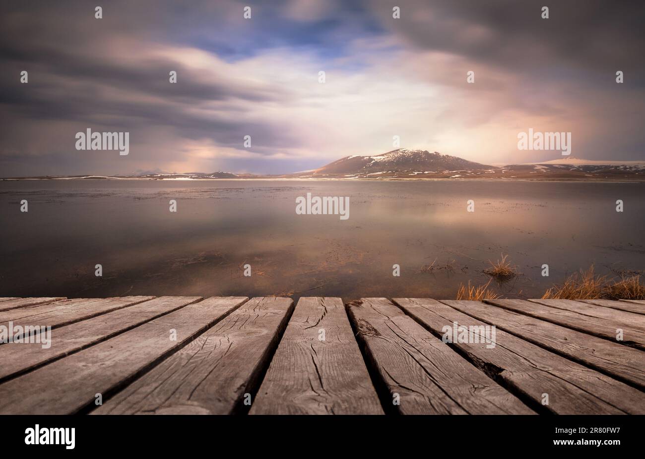 Beautiful Lake with empty wooden table. Natural template landscape ...