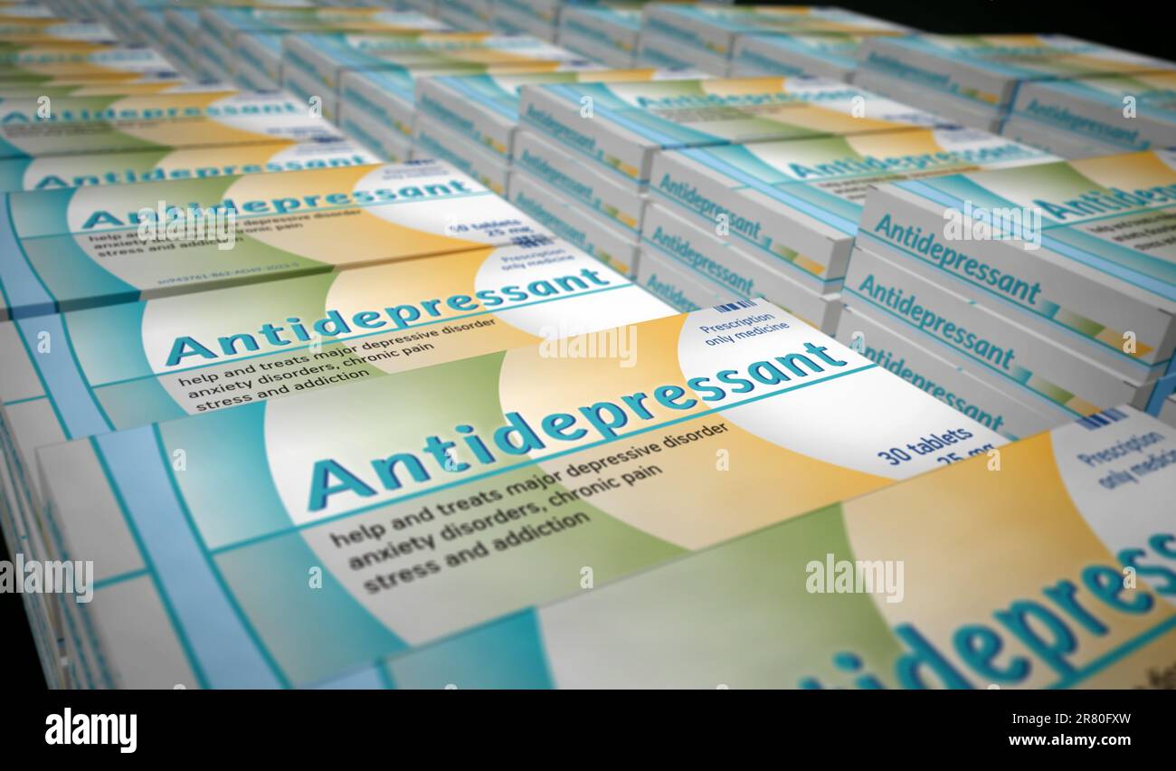Antidepressant tablets box production line. Psychotropic drug for ...