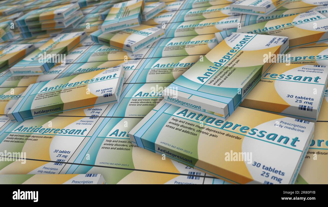 Antidepressant tablets box production line. Psychotropic drug for ...