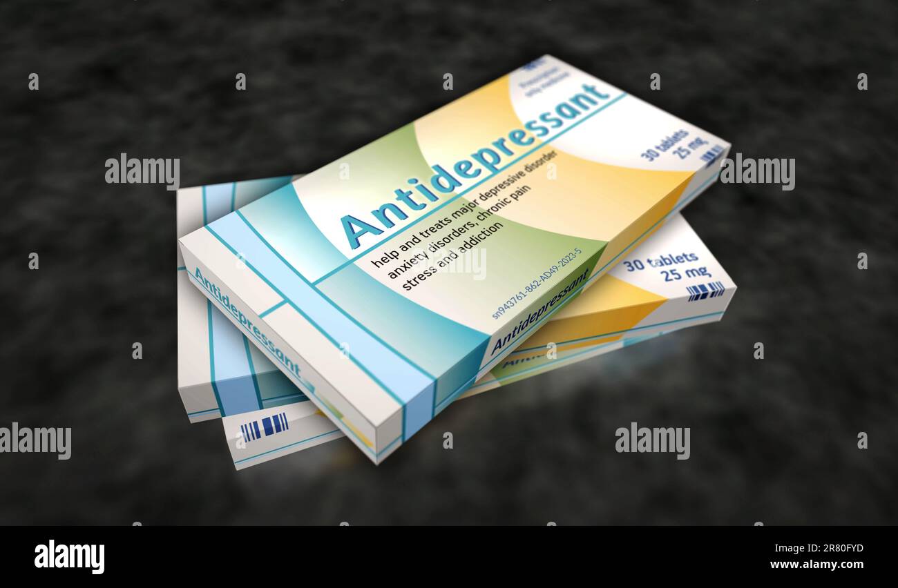 Antidepressant tablets box production line. Psychotropic drug for ...