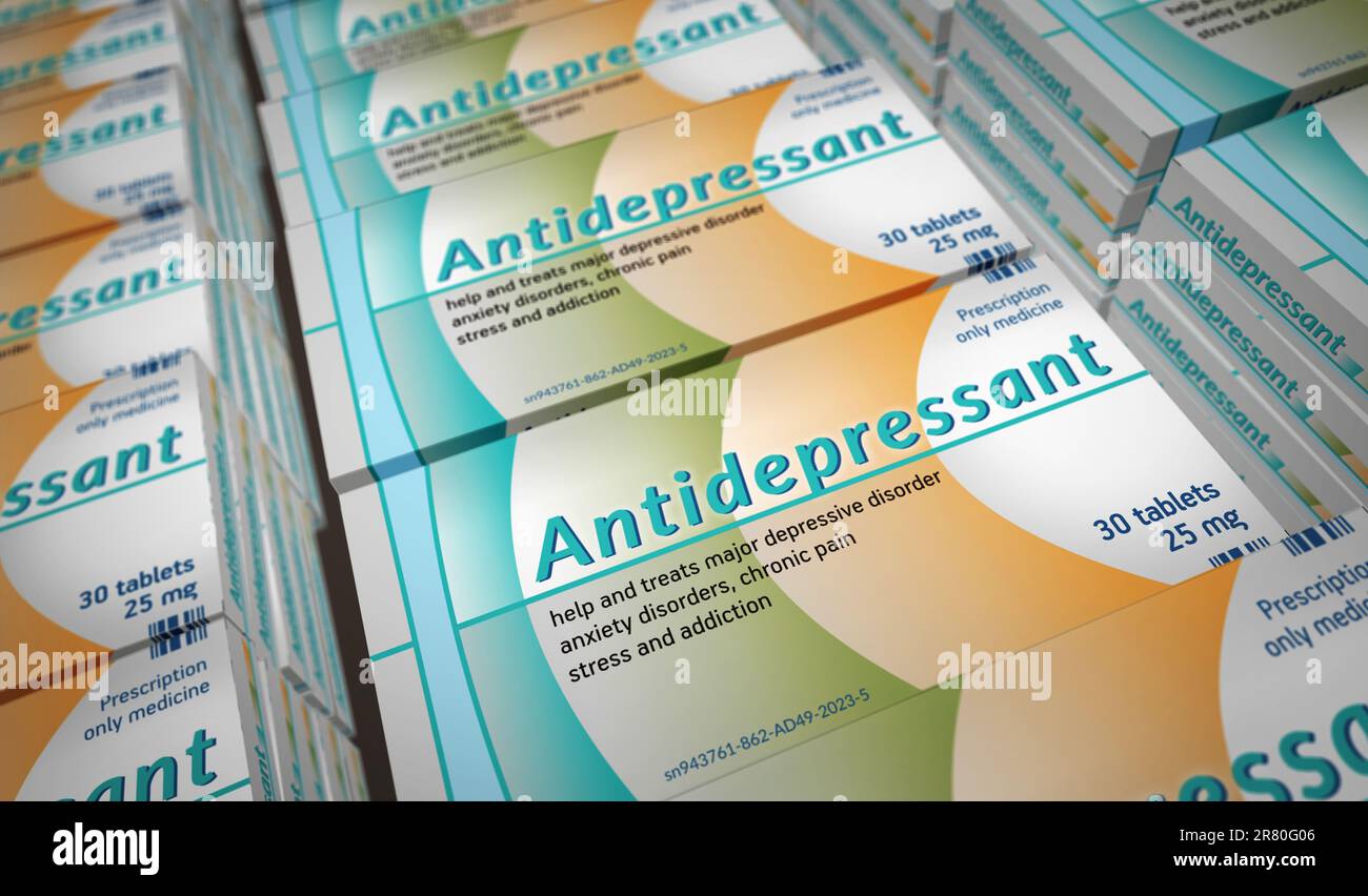 Antidepressant tablets box production line. Psychotropic drug for ...