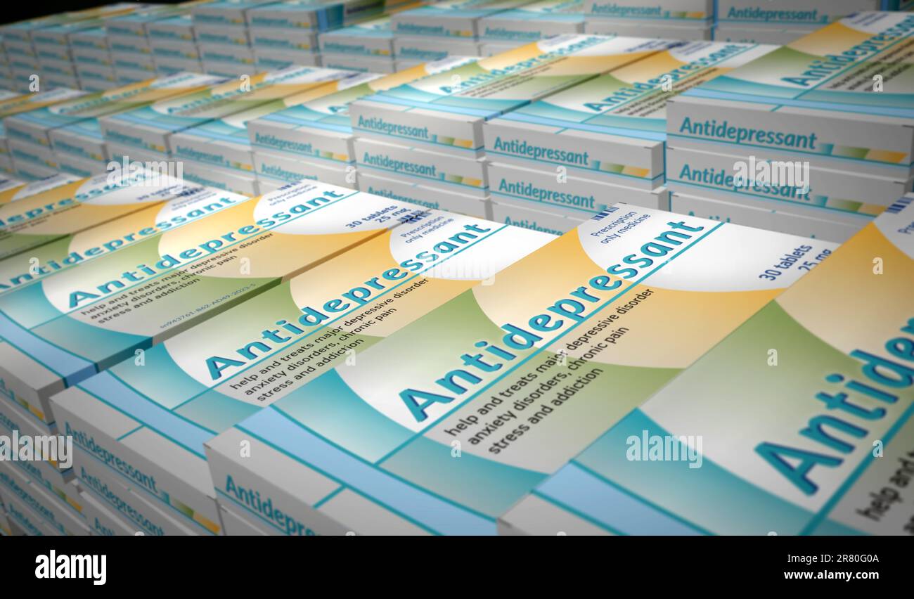Antidepressant tablets box production line. Psychotropic drug for ...