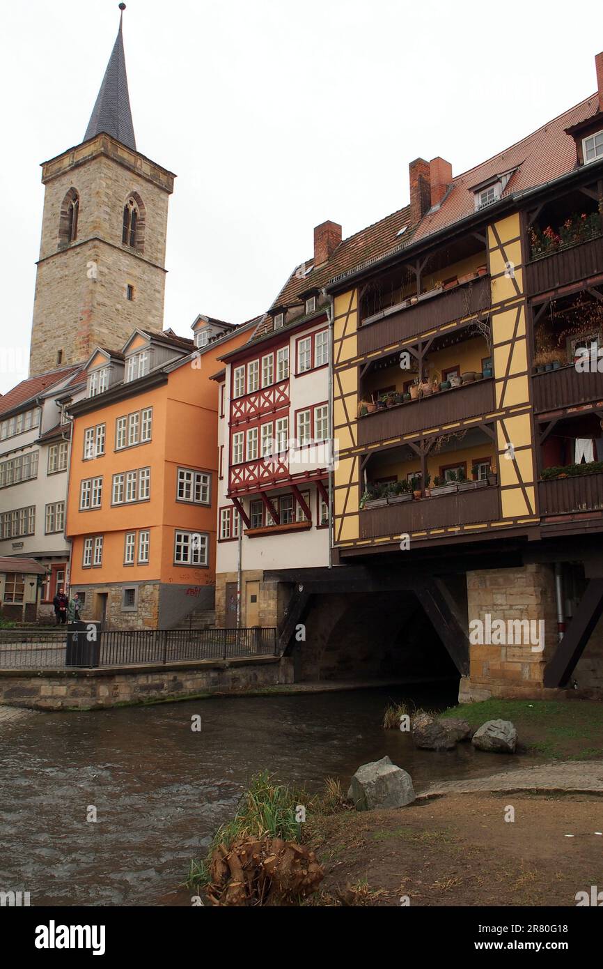 Merchants bridge, Krämerbrücke, medieval arch bridge lined with half ...