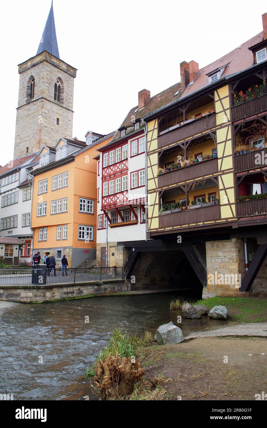 Merchants bridge, Krämerbrücke, medieval arch bridge lined with half ...