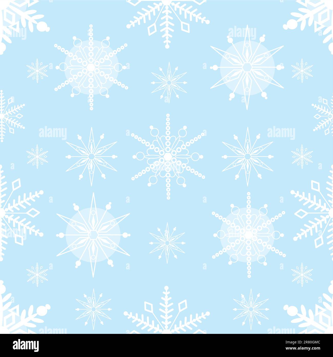 A seamless pattern comprised of stylized, white snowflakes, over a pale ...