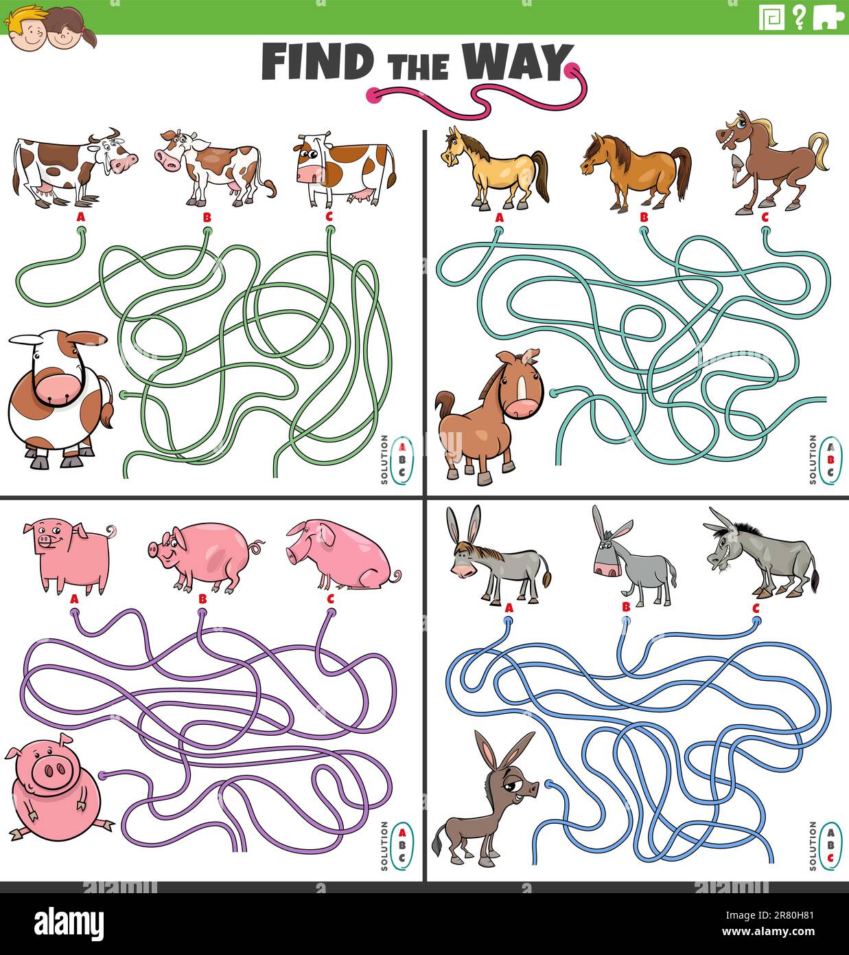 Cartoon illustration of find the way maze puzzle games set with funny ...