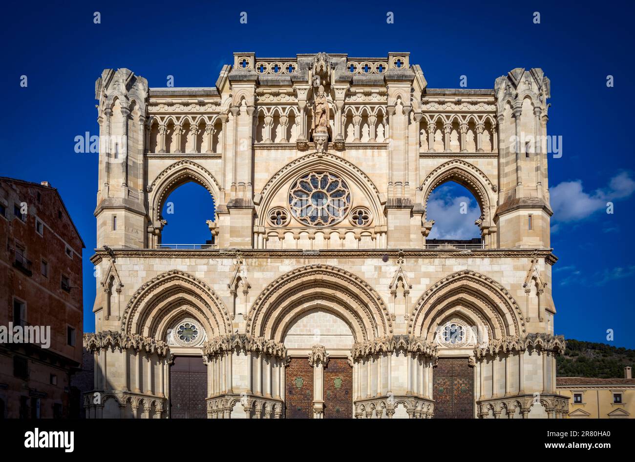 View of the neo-Gothic facade of the Cathedral of Cuenca in the Plaza ...