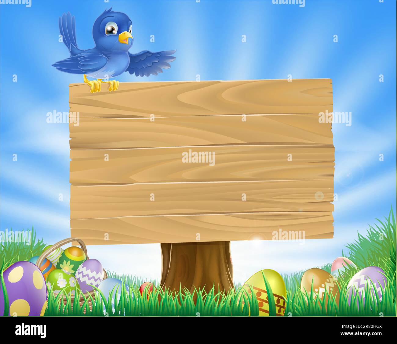 A bluebird Easter cartoon background. Blue bird sits atop a rustic ...