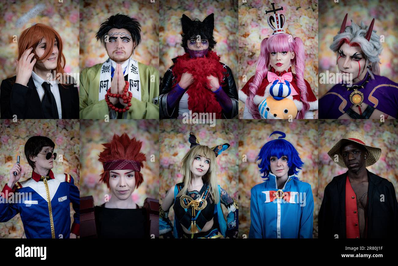 Composite image of cosplayers at AnimeCon UK at the NEC in Birmingham ...