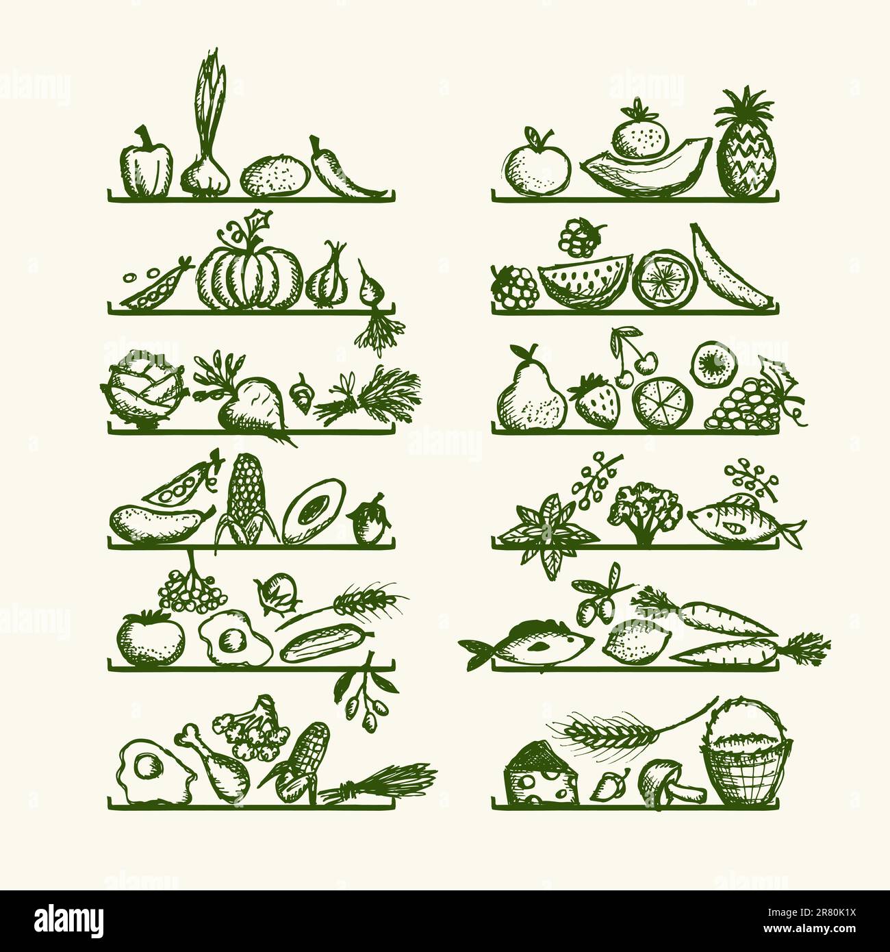 Healthy food on shelves, sketch for your design Stock Vector Image ...