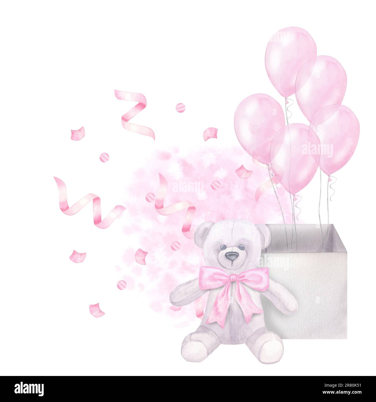 Postcard pink girl's birthday. Invitation, congratulations. Balloons in ...