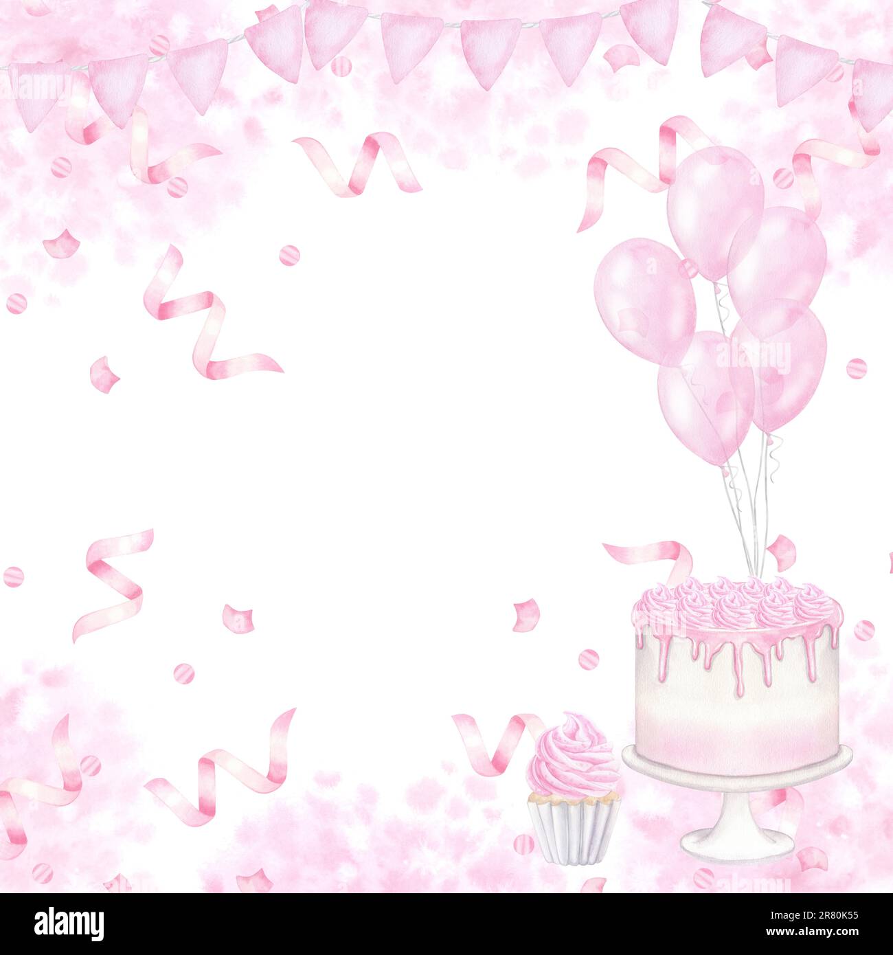 Postcard pink girl's birthday. Invitation, congratulations. Cake ...