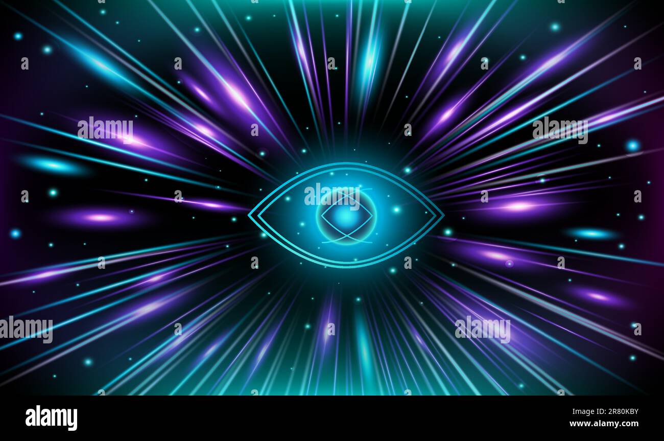 All-seeing eye. Green glowing lines and particles of strong energy ...