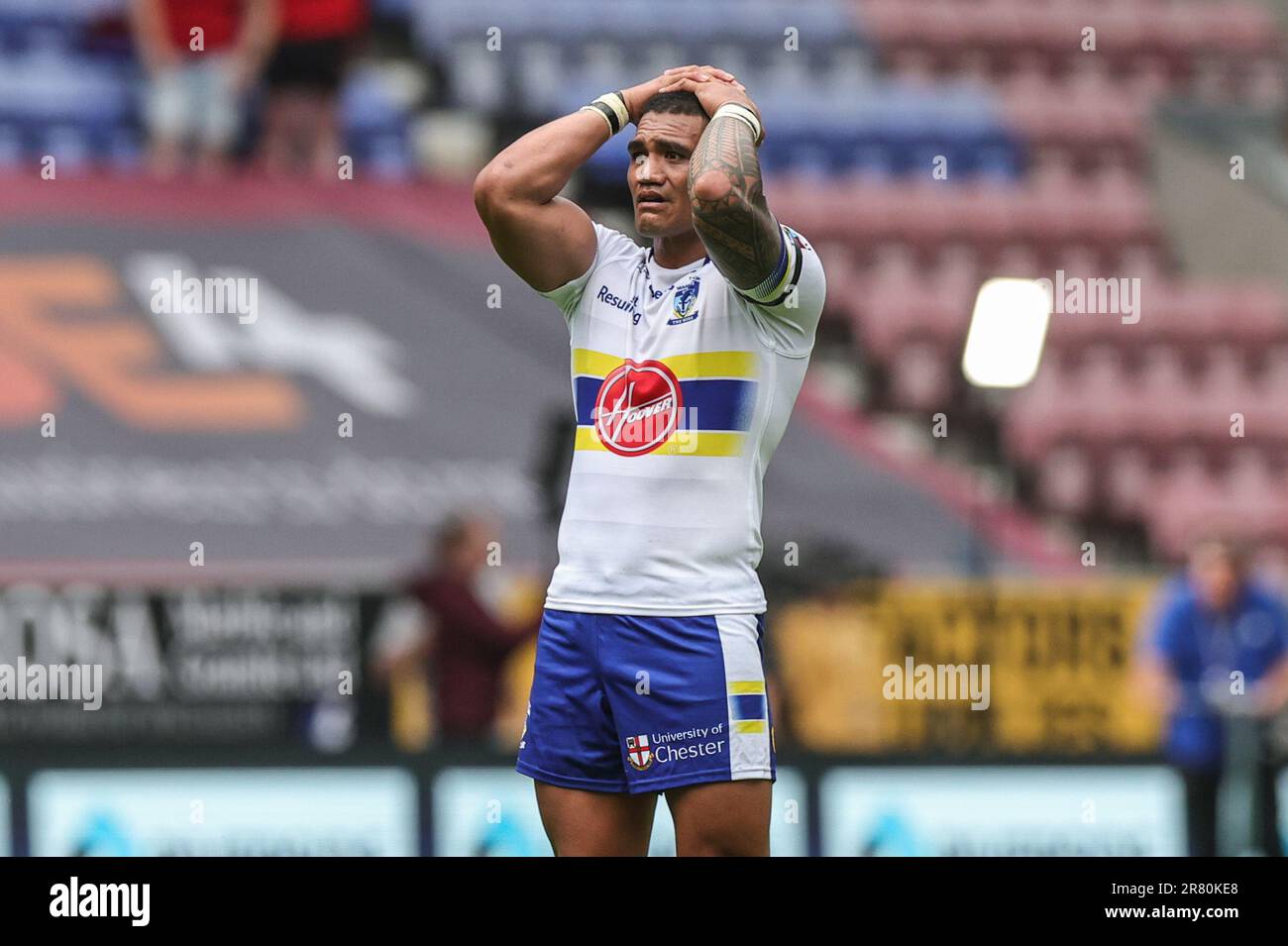 Wigan, UK. 18th June, 2023. A dejected Pete Mata'utia #3 of Warrington ...