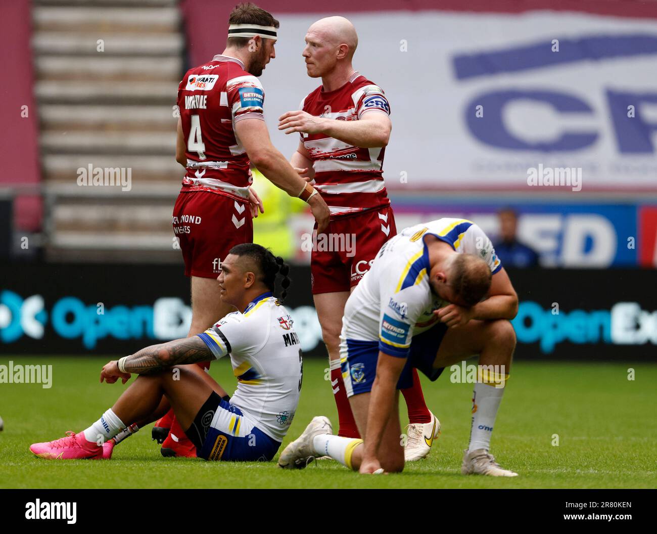Wigan Warriors’ Jake Wardle reacts with his team mate following the ...
