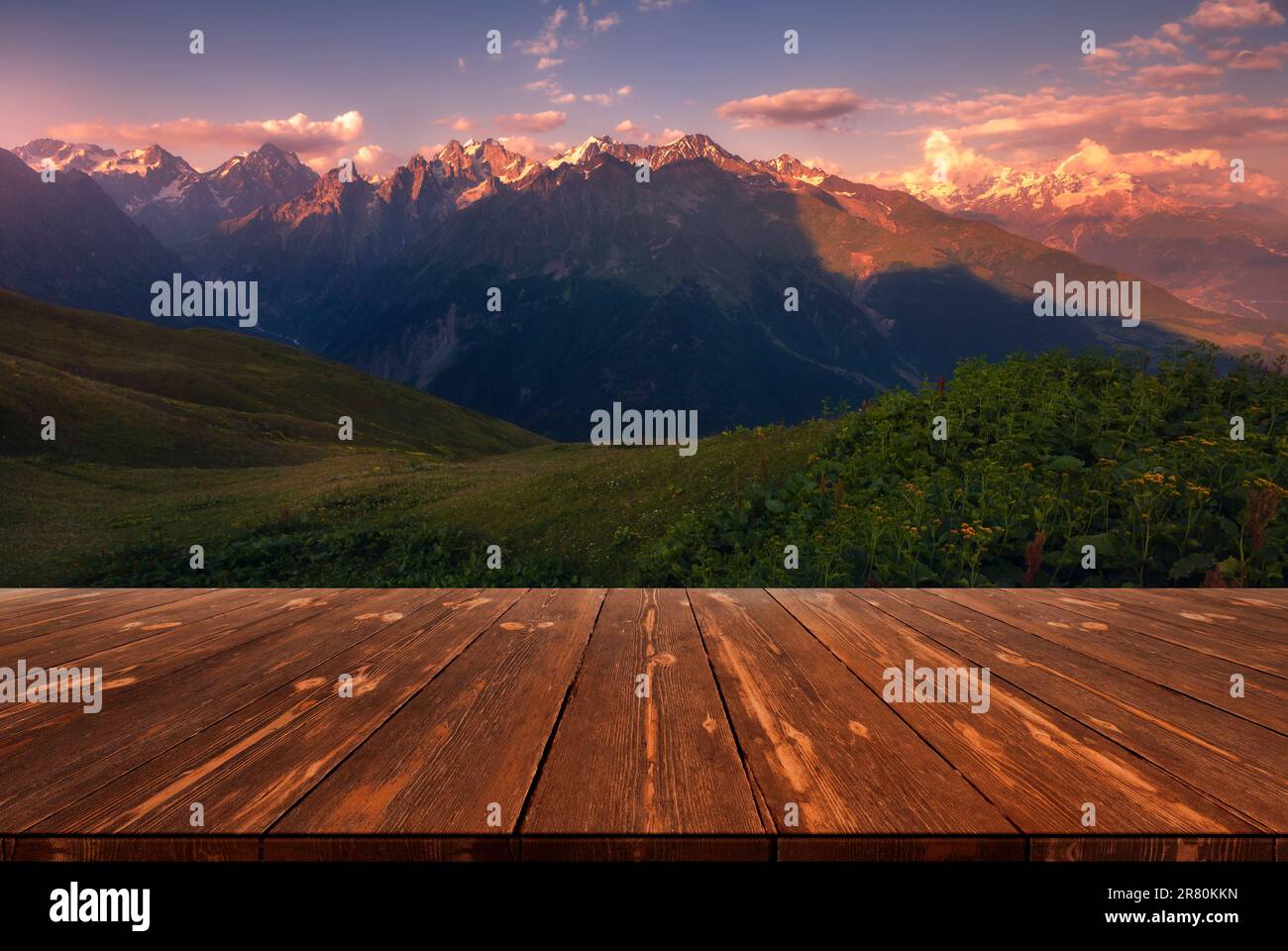 Beautiful mountains with empty wooden table. Natural template landscape ...