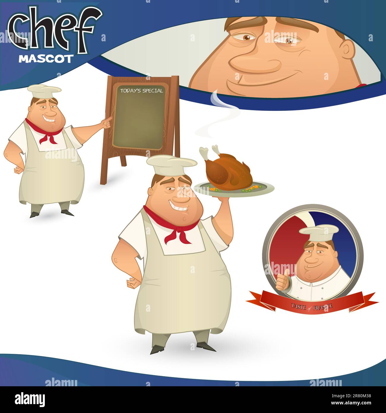 Vector chef - French restaurant mascot. Cartoon character with menu ...