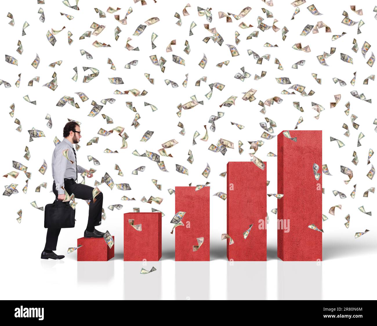 businessman walking on red concrete growth chart and falling dollar ...