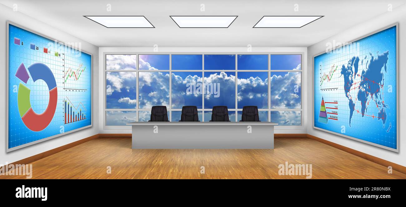 Modern boardroom. Big TV screen with business graph and stock exchange ...