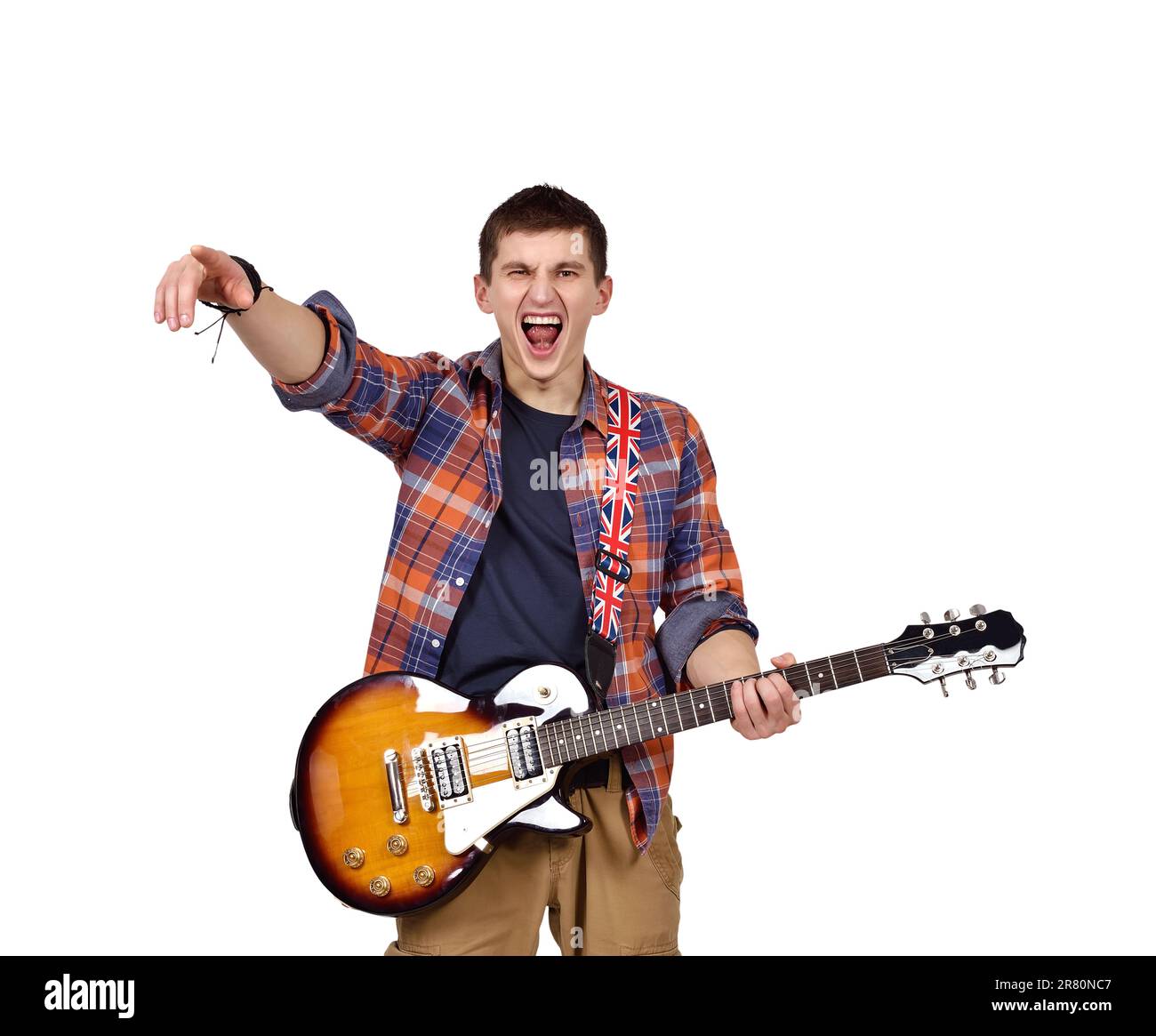 happy rocker musician is playing electrical guitar on white background ...