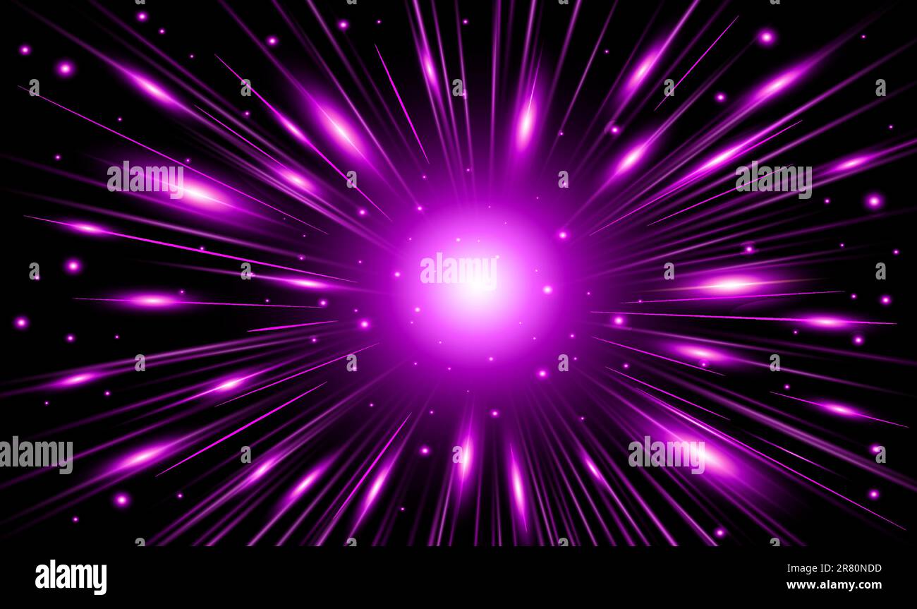 Purple glowing lines and particles of strong energy, magic in black ...