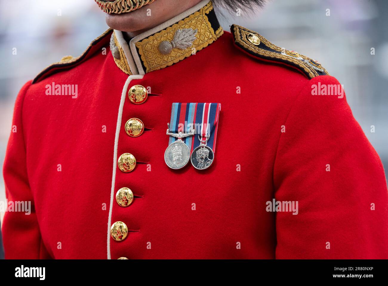 Grenadier Guards officer with Queen Elizabeth II medal and King Charles ...